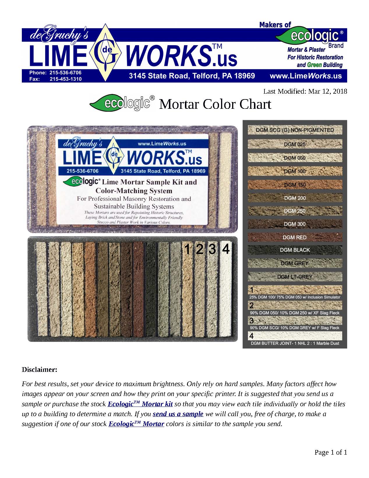 Color Samples for Lithomex, Lime Mortar, Lime Paint, & Potassium Silicate