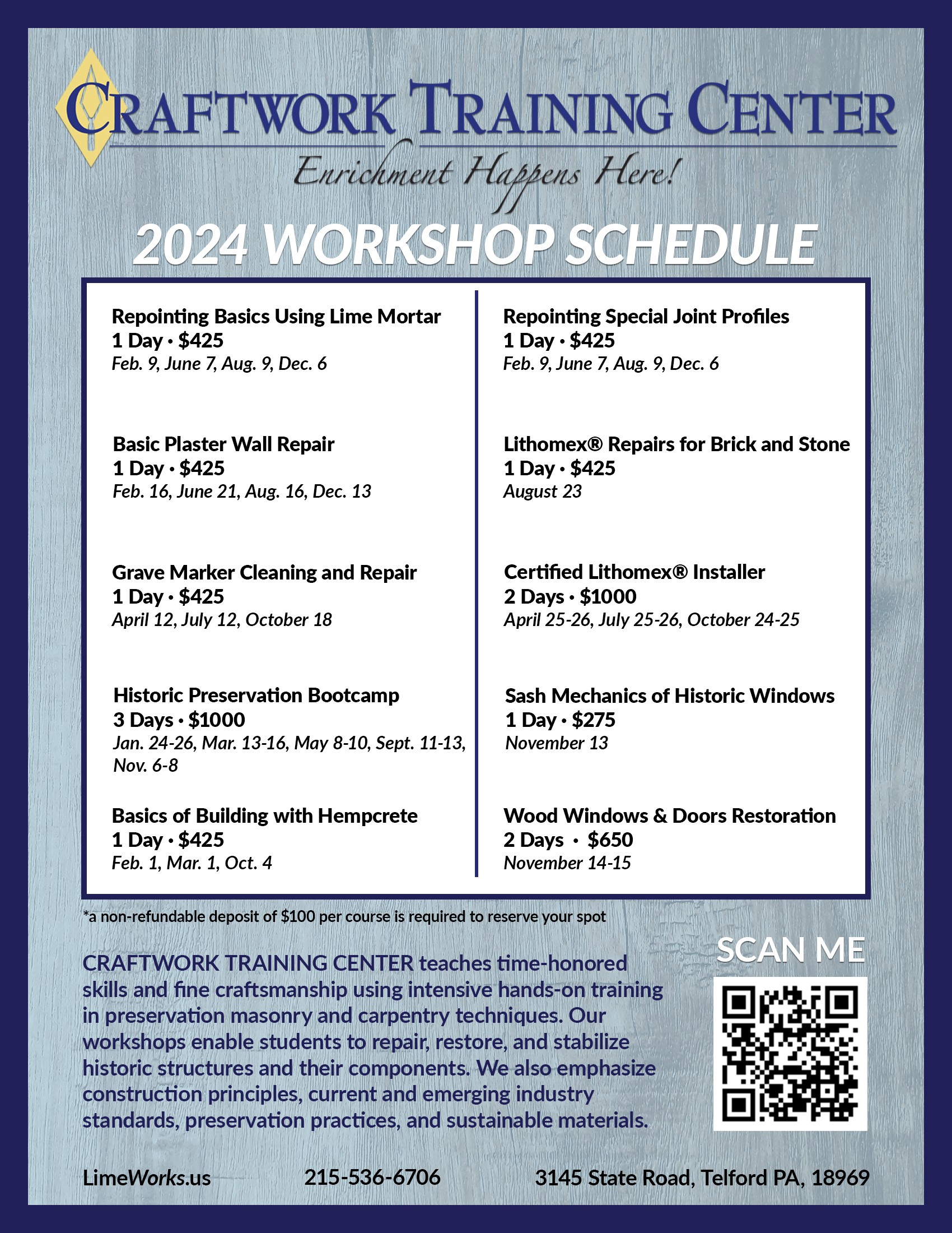 Craftwork Training Center 2024 Workshop Schedule - LimeWorks.us