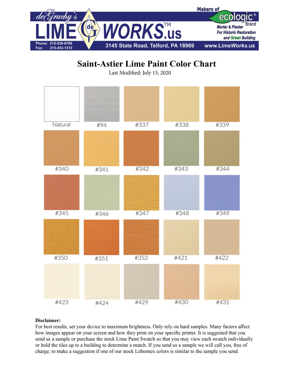 Color Samples for Lithomex, Lime Mortar, Lime Paint, & Potassium Silicate